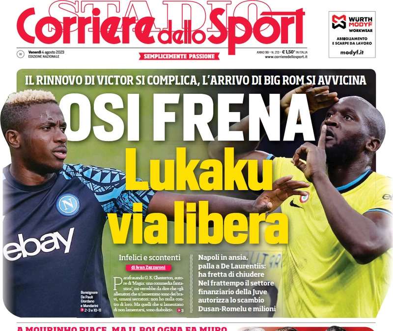 Il Corriere dello Sport in prima pagina sul mercato: "Osi frena. Lukaku ...