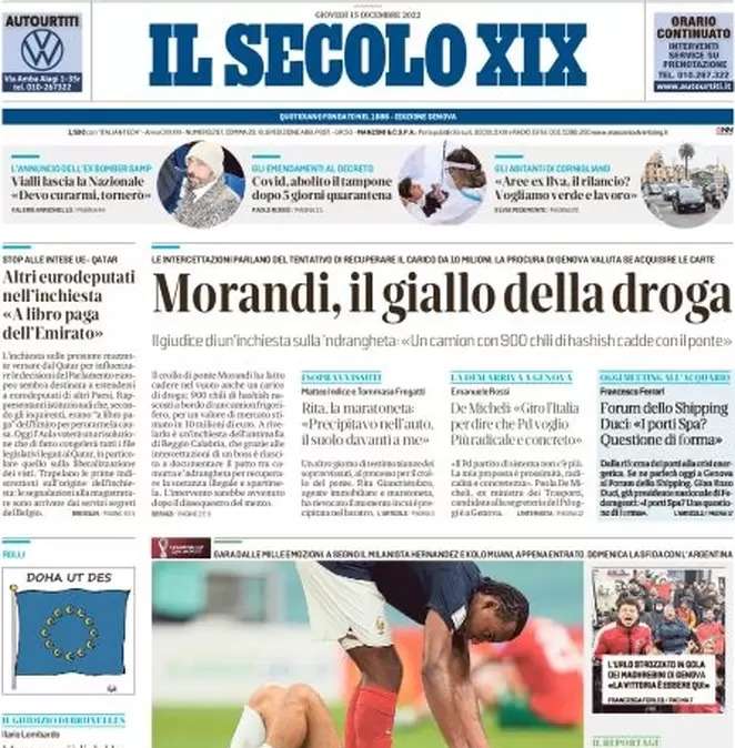 Il Secolo XIX titola in apertura: "Francia in finale, Marocco fuori a ...