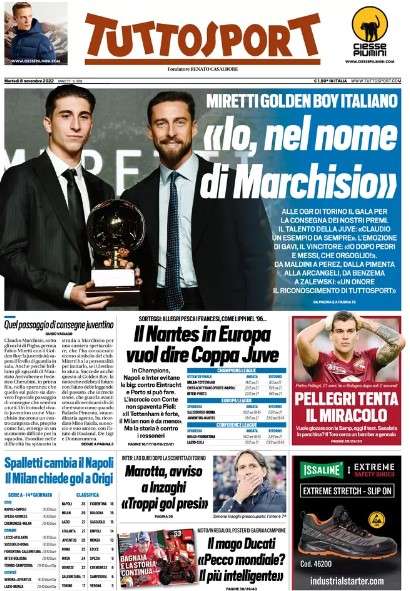 L'apertura di Tuttosport su Miretti Golden Boy italiano: "Io, nel nome ...