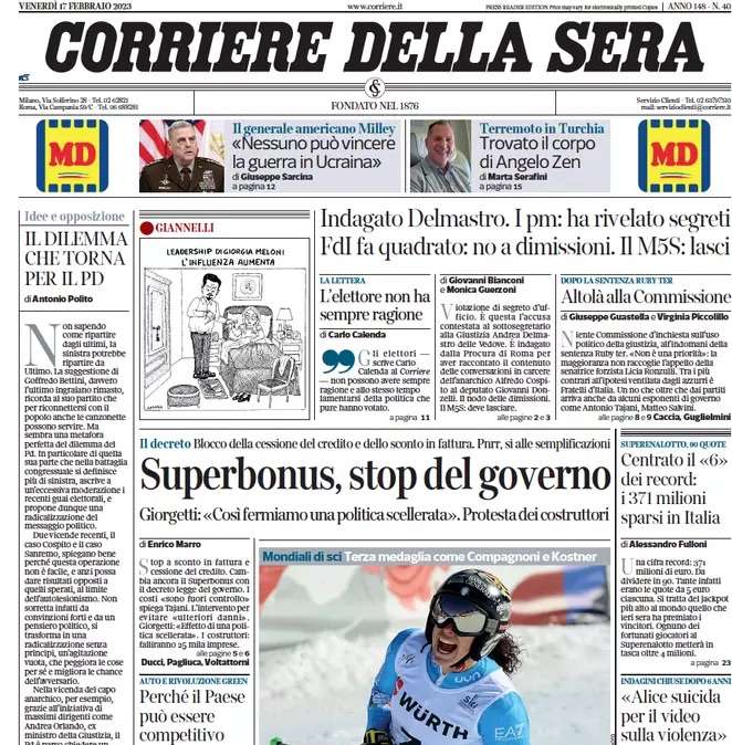 Il Corriere della Sera apre con l’intervista a Shevshenko: “Panchina ...